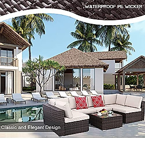 Polar Aurora 7 Pieces Outdoor Patio Sofa Set PE Rattan Wicker Sectional Furniture Outside Couch w/Washable Seat Cushions & Modern Glass Coffee Table