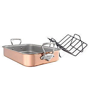 Mauviel M'150 S 1.5mm Polished Copper & Stainless Steel Roasting Pan With Rack, And Cast Stainless Steel Handles, 15.7 x 11.8-in, Made In France