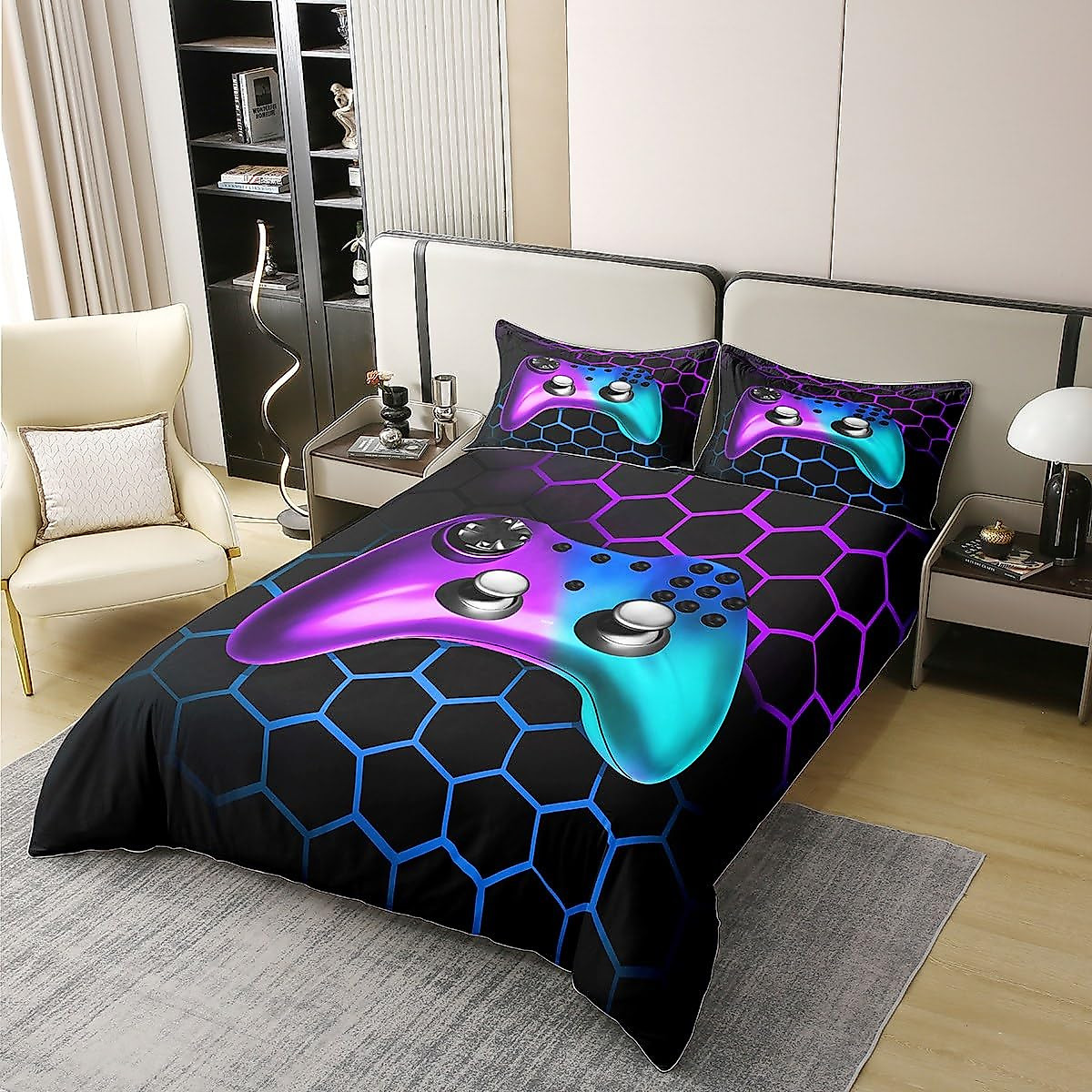 Gamer Duvet Cover 100% Cotton Gaming Geometry Game Controller Bedding 100% Cotton Set Honeycomb Purple Blue Cover for Bedroom Decor Gamer Console Bedspread Cover Twin Zipper with 1 Pillow Case