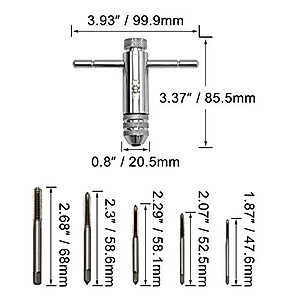 KOOTANS Ratchet T Handle Tap Wrench + 5pcs M3 M4 M5 M6 M8 Machine Screw Metric Thread Milling Plug T-shape Taps Set, Both Way Hand Tap Set Adjustable Manual Tapping Tool Kit for Home Use (Short)