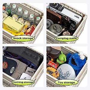 GOTO 50L Folding Storage Box with Wooden Lid, Stackable Foldable Storage Bin with Wooden Cover, Side Opening Folding Storage Containers for Camping, Car Trunk, Home Sorting (Army Green)