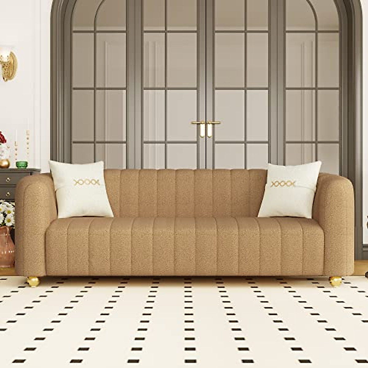 Misoce 83'' Luxury Velvet Couch Sofa for 3 Person Fashion Couch with 2 Pillows, Metal Legs Solid Wood Frame Chesterfield Sofa Couch for Living Room, Hotel (83'' Brown)