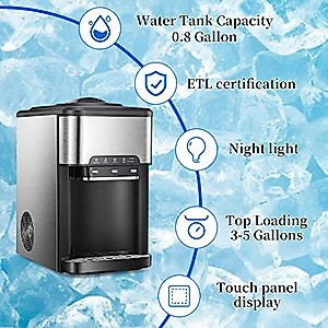 Water Dispenser for 5 Gallon Bottle, Top Loading Water Cooler with Built-in Ice Maker, Ice, Cold & Hot,12 Cubes/8Mins,Child-Safety Lock, LED Display,Stainless Steel