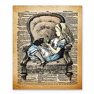 Alice in Wonderland Wall Art, 11x14 Un Framed Decor Print On Upcycled Vintage Style Dictionary Page. Ideal for Book Lovers, English Teachers, Librarians and Lewis Carroll Fans