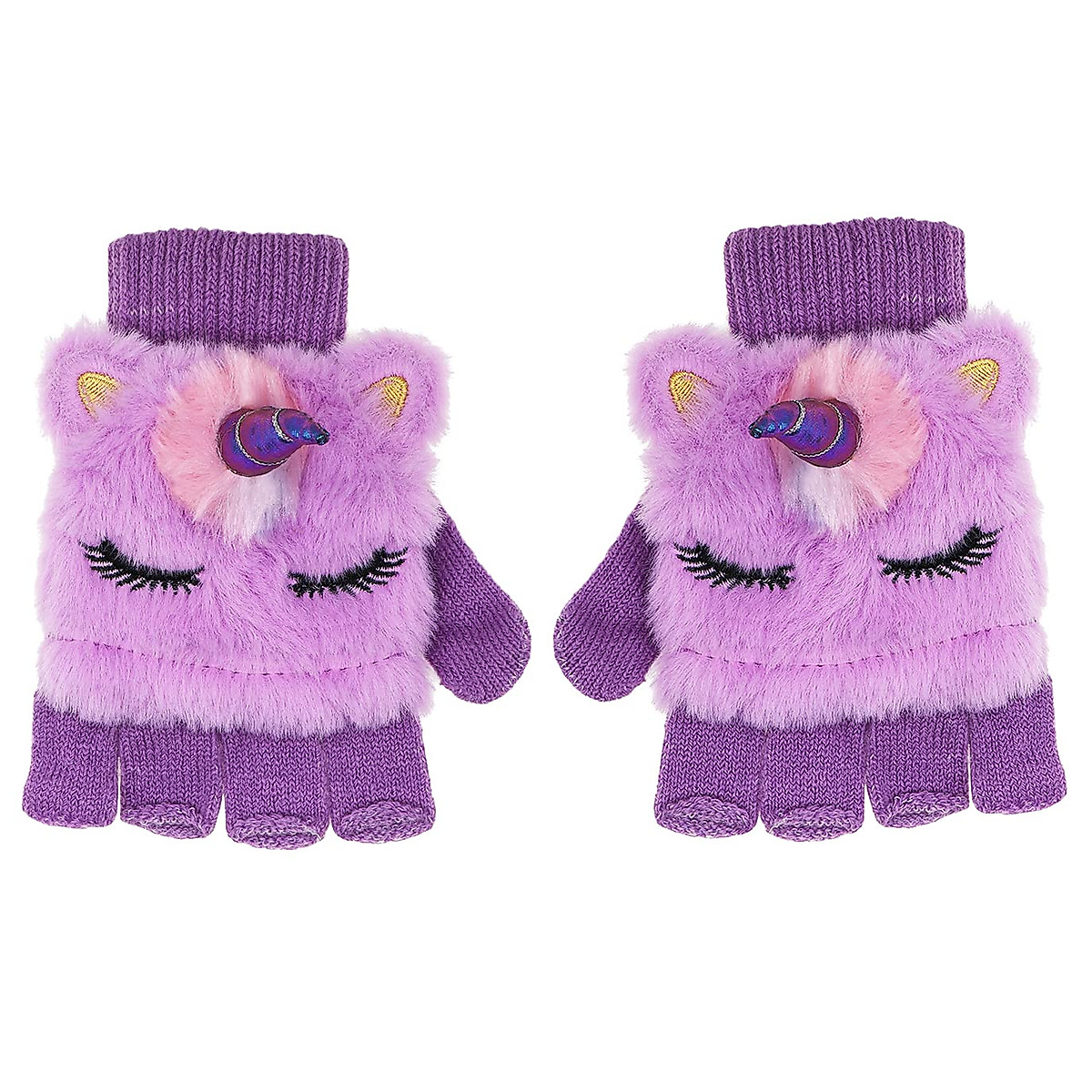 Kids Girls Cute Glitter Unicorn Beanie Winter Hat and Glove Set Knitted Earflap Cap Flip Top Mitten Set Purple