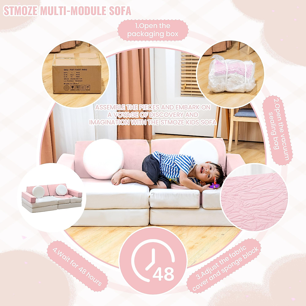 Stmoze 13PCS Modular Kids Play Couch, Kids Couch with Washable Velvet Cover, Modular Couch for Boys and Girls, Convertible Foam and Floor Cushion for Nursery Playroom, Pink & Beige