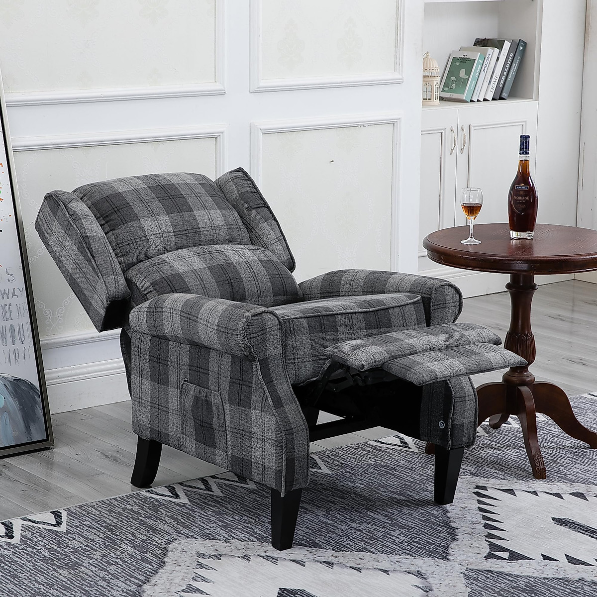 Pushback Recliner Chair,Upholstered Wingback Traditional Push Back Recliner Single Sofa,Mid Century Modern Lounge Armchair for Living Room,Home Theater Accent Chairs Recliners Couches (Grey Check)