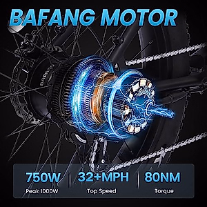 VELOWAVE Electric Bike Adults 750W BAFANG Motor 48V 15Ah LG Cells Battery,26" x 4.0" Fat Tire Ebike 28MPH Snow Beach Mountain Electric Bicycle Shimano 7-Speed