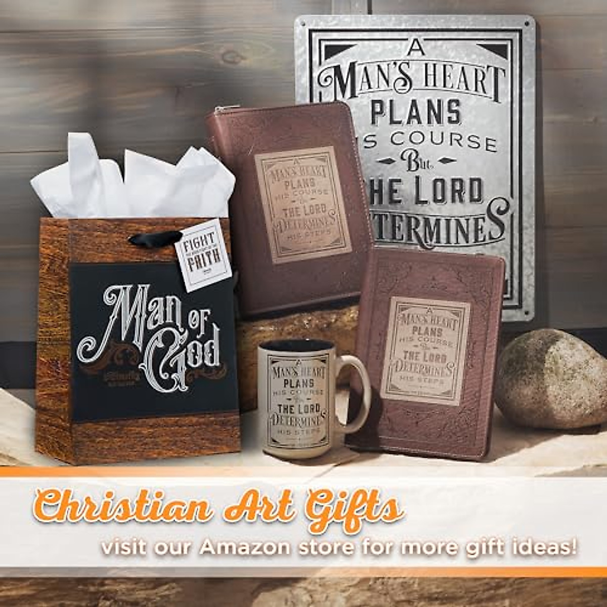 Christian Art Gifts Medium Portrait Scripture Gift Bag, Tag & Wrapping Tissue Paper Set for Men: Man of God, Matted, Satin Handles, Black/Brown/Silver