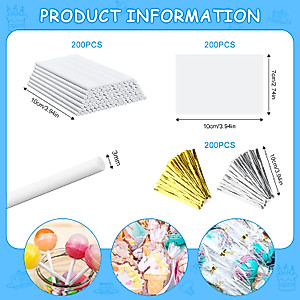 WXJ13 601 Pieces Lollipop Cake Pop Treat Bag Set including 200 Parcel Bags 200 Lollipop Sticks 200 Twist Tie, and 1 Cookie Meatball, Cake Pops Making Tools for Candies, Chocolates and Cookies
