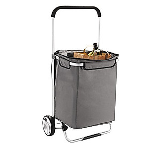 Homz 4670013 2 Large Wheels Fabric Euro Tote Aluminum Framed Storage Portable Foldable Gray Organizer Shopping Grocery Cart with Heavy Duty Polyester Bag, Large