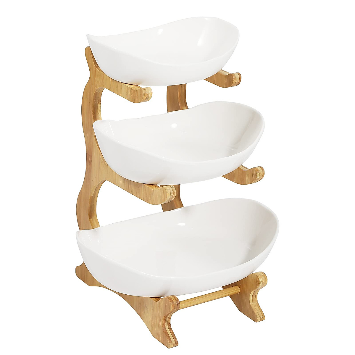 3 Layer Ceramic Fruit Plate,3 Tier Serving Platter Tray Kitchen,Porcelain Tiered Vegetable Serving Tray Dessert Appetizer Cake Dish with Wood Stand for Kitchen and Home,for Wedding Banquet