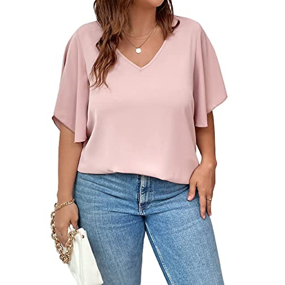 SOLY HUX Womens Plus Size Blouse Summer Tops V Neck Short Sleeve Casual Work Shirts Loose Flowy Blouses 2023 Solid Pink 3XL