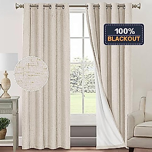 Primitive Textured Linen 100% Blackout Curtains for Bedroom/Living Room Energy Saving Window Treatment Curtain Drapes, Burlap Fabric with White Thermal Insulated Liner (2 Panels, 52 x 84 in, Natural)