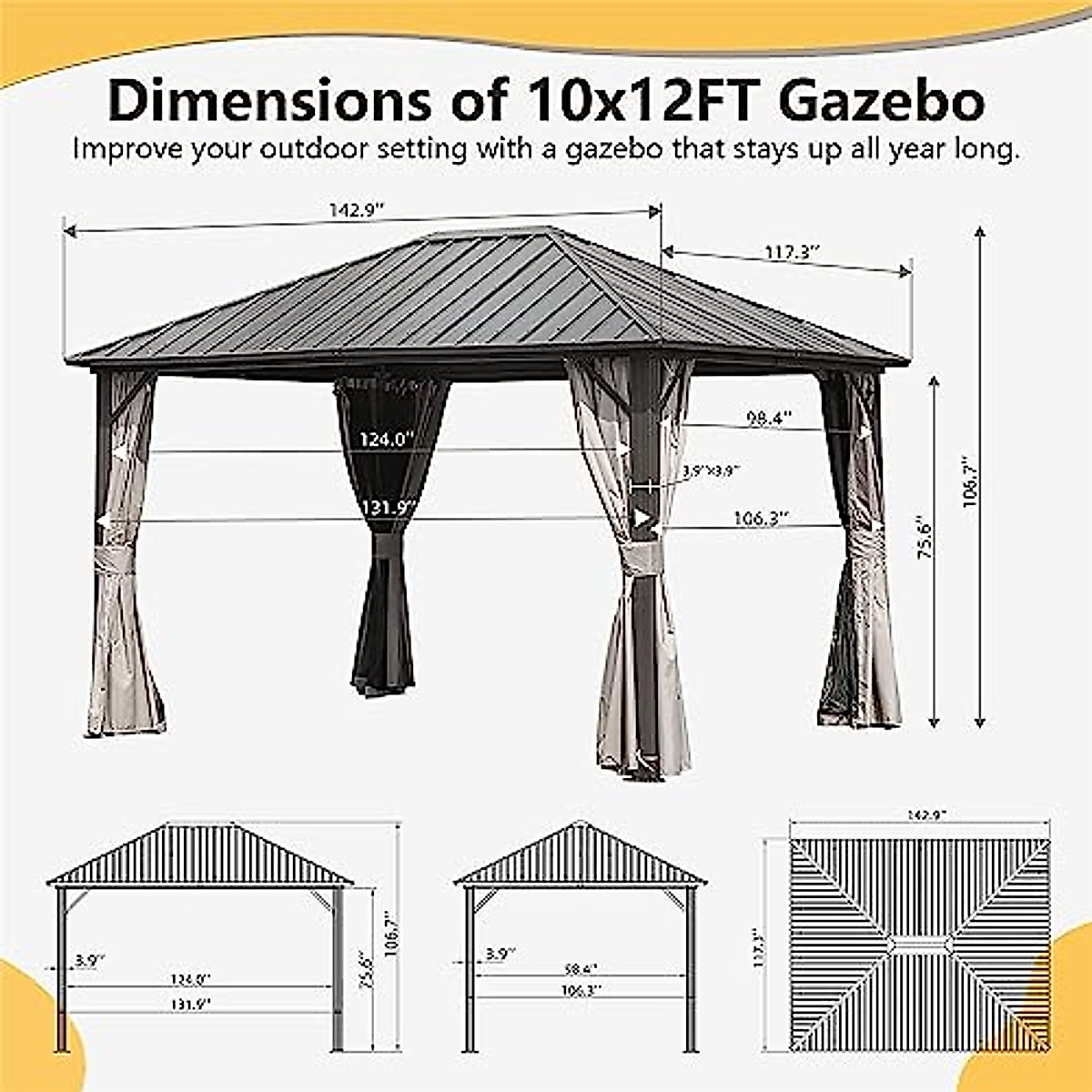 UBGO 10'x12' Outdoor Gazebo,Metal Gazebos with Netting & Curtains,Permanent Outdoor Galvanized Steel Roof Gazebo with Aluminum Frame,for Garden, Patios, Lawns, Parties(Dark Brown)