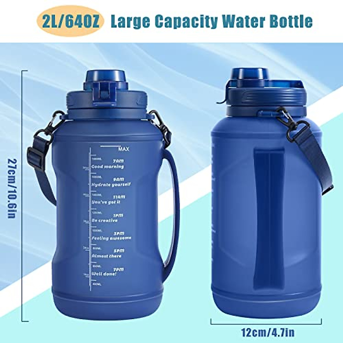 Augot Collapsible Water Bottle, 2L/64OZ Large Capacity Water Bottle with Straw Half Gallon Silicone Foldable Water Bottle with Carrying Strap & Time Markings for Outdoor Travel Runing Fitness (Blue)