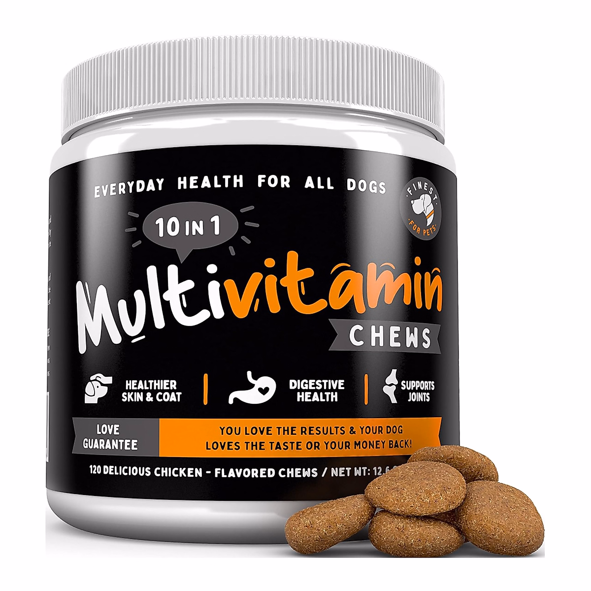 Dog Multivitamin Chewable Treats - Pet Vitamins and Supplement, 10-in-1 Multivitamin for Dogs, Supports Joints, Hip, Bowel, Muscle Health, with Glucosamine and Omega Fish Oil (120 Chews)