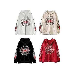 Karwuiio Women's Spider Zip Up Hoodie Y2K Oversized Vintage Graphic Hooded Sweatshirt Goth Grunge Aesthetic Hoodies (Red, S)