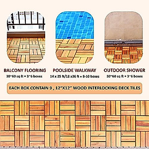 Cloverholm 10 Pcs Acacia Wood Deck Tiles - Waterproof, 12' x 12', Patio Tiles for Indoor & Outdoor, Garden, Roof Terrace - Checker Pattern (Natural-12S-9P)