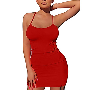 Mizoci Women's Sexy Sleeveless Spaghetti Strap Tank Bodycon Tight Mini Club Party Dress,X-Small,Red