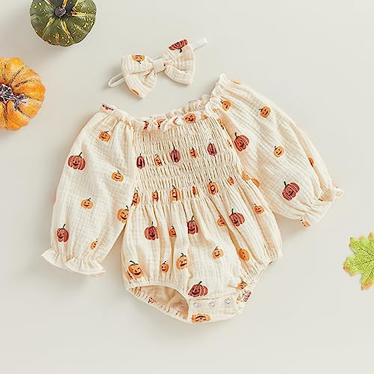 farrubbyine8 Baby Girl Halloween outfit Cute Pumpkin Romper Long Sleeve Bodysuit First Halloween Outfit Newborn Girl Fall Clothes (Beige, 12-18 Months)