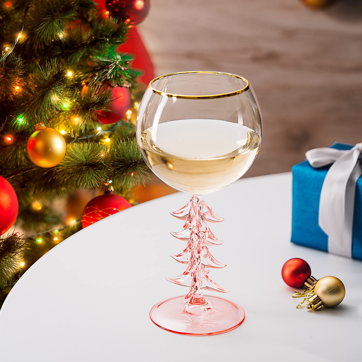 Crystal Winter Tree Stemmed Wine Glass - Pink - 12oz Goblet Bordeaux Gold Rim Colored Glassware, Cheerful Party Festive New Years Cheer for Winter Gift
