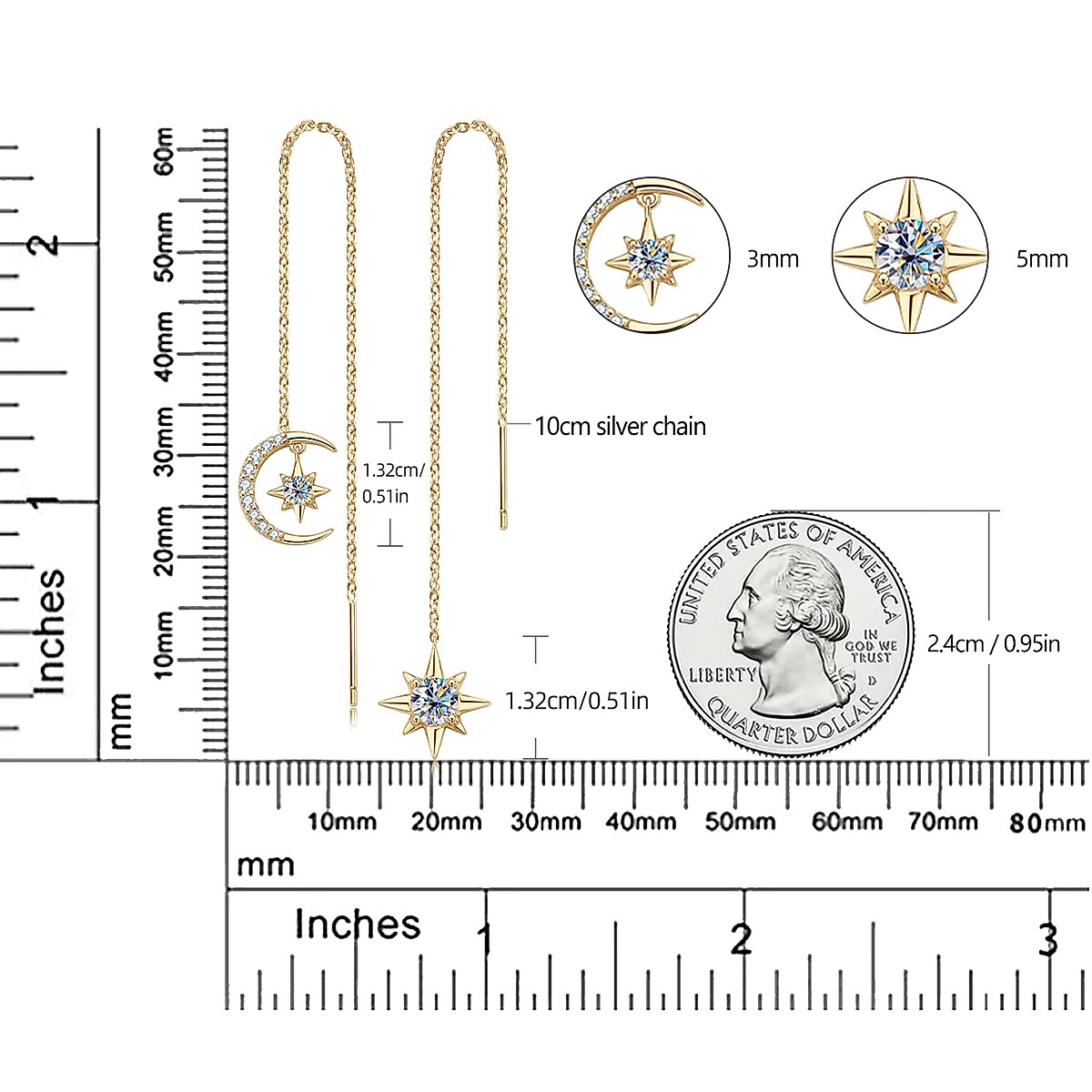 Moissanite Threader Earrings, Princess Round Cut 0.8-1.5CT D-E Color Moissanite, 18K Gold Plated 925 Sterling Silver, Hypoallergenic, Jewelry Box Packed, Gifts for Her