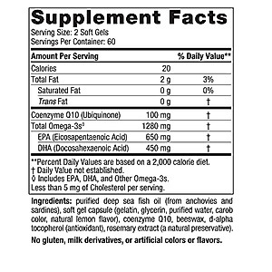Nordic Naturals Ultimate Omega + CoQ10, Lemon - 120 Soft Gels - 1280 mg Omega-3 + 100 mg CoQ10 - Heart Health, Cellular Energy, Antioxidant Support - Non-GMO - 60 Servings