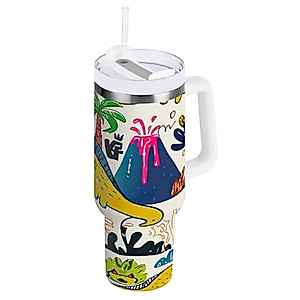 RPLIFE Cute Colorful Dinosaurs Coffee Tumbler with Handle, Stainless Steel Mug, Straw Water Bottle