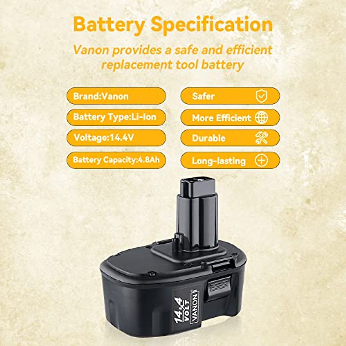 VANON [Upgraded to 4.8Ah 14.4V DC9091 DW9094 Ni-MH Replacement for DeWALT 14.4V Battery XRP DW9091 DW935 DE9038 DE9091 DE9092,2Pack