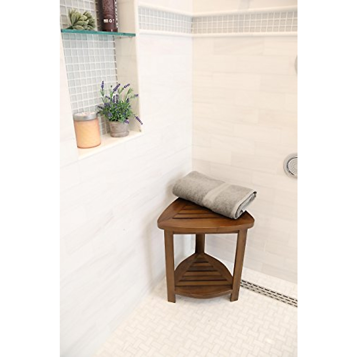 ALA TEAK Wood Bath Spa Shower Stool Corner Bench Stool Fully Assembled