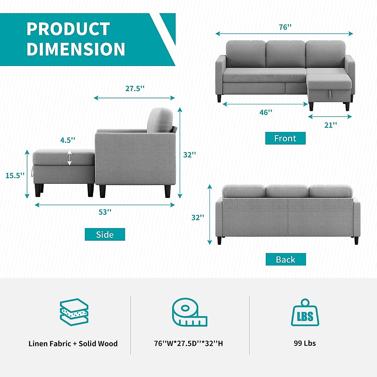 BALUS Convertible Sectional Sofa Couch, 3-Seat L-Shaped, Free-Form with Movable Storage Ottoman, Modern Design for Living Room and Office Spaces, Comfortable and Versatile（Light Gray）