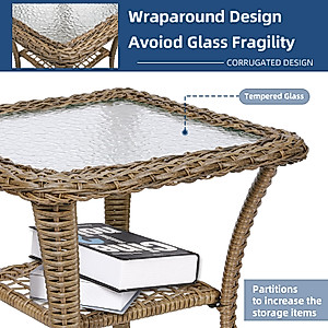 SOCIALCOMFY 3-Piece Patio Wicker Conversation Bistro Set, Rattan Gliding Rocking Swivel Chairs with Cushion and Glass Top Side Table Outdoor Furniture Sets for Garden Backyard, Navy Blue