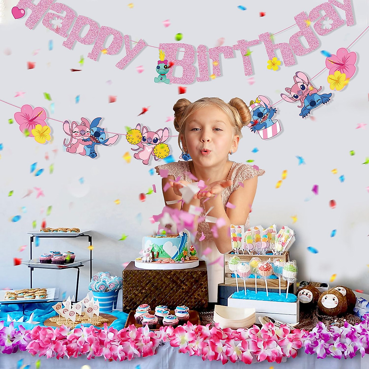 Pink Birthday Banner, Cartoon Happy Birthday banner Pink Cute Party Decoration for Girls Kids Birthday Party Baby Shower Cartoon Sign Decorations