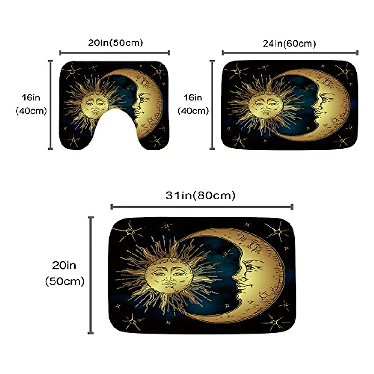 Sun and Moon Bathroom Rugs and Boho Chic Art Stars Over Blue Black Sky Mats Sets 3 Piece, Velvet Memory Foam Antique Style Bath Mat, Large Small and U-Shaped Contour Shower Mat Non-Slip Washable