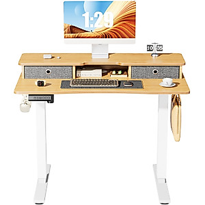 Height Adjustable Electric Standing Desk with Storage Shelf Double Drawer, 40 x 24 Inch Stand up Desk, Sit Stand Desk with Splice Board, Standing Table White Frame/Oak Desktop for Home Office
