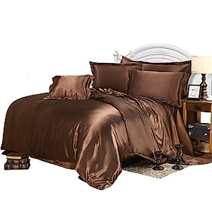 ABP Collection Duvet Set - Full, Chocolate Soft Silky Satin Duvet Cover Sets (1 Button Closure Duvet Cover, 1 Fitted Sheet with 18" Deep Pocket, 2 Pillow Shams) 4 Pieces Duvet Cover Set