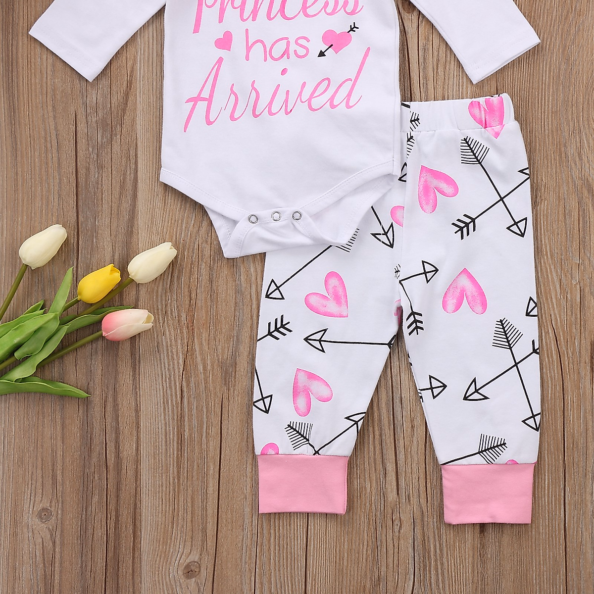 FOCUSNORM 4 pcs Baby Girls Pants Set Newborn Infant Toddler Letter Romper Arrow Heart Pants Hats Headband Clothes Pink