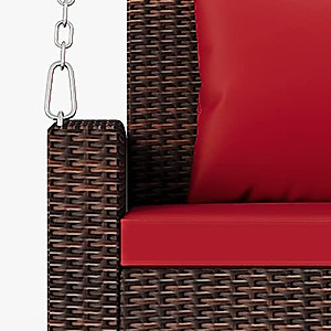 Eafurn 2-Person Wicker Hanging Porch Swing, Outdoor Patio Rattan Bench Loveseat Chair with Sturdy Steel Chain/Back and Seat Cushion and Pillows, Suitable for Deck, Backyard, Garden, Brown+Red