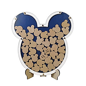 PAPA LONG Woodland Alternative Baby Shower Guest Book for Mickey Mouse Baby Shower or Birthday Party Decorations Including 42pcs Small Wooden Mouse Head Cutouts for Wishes
