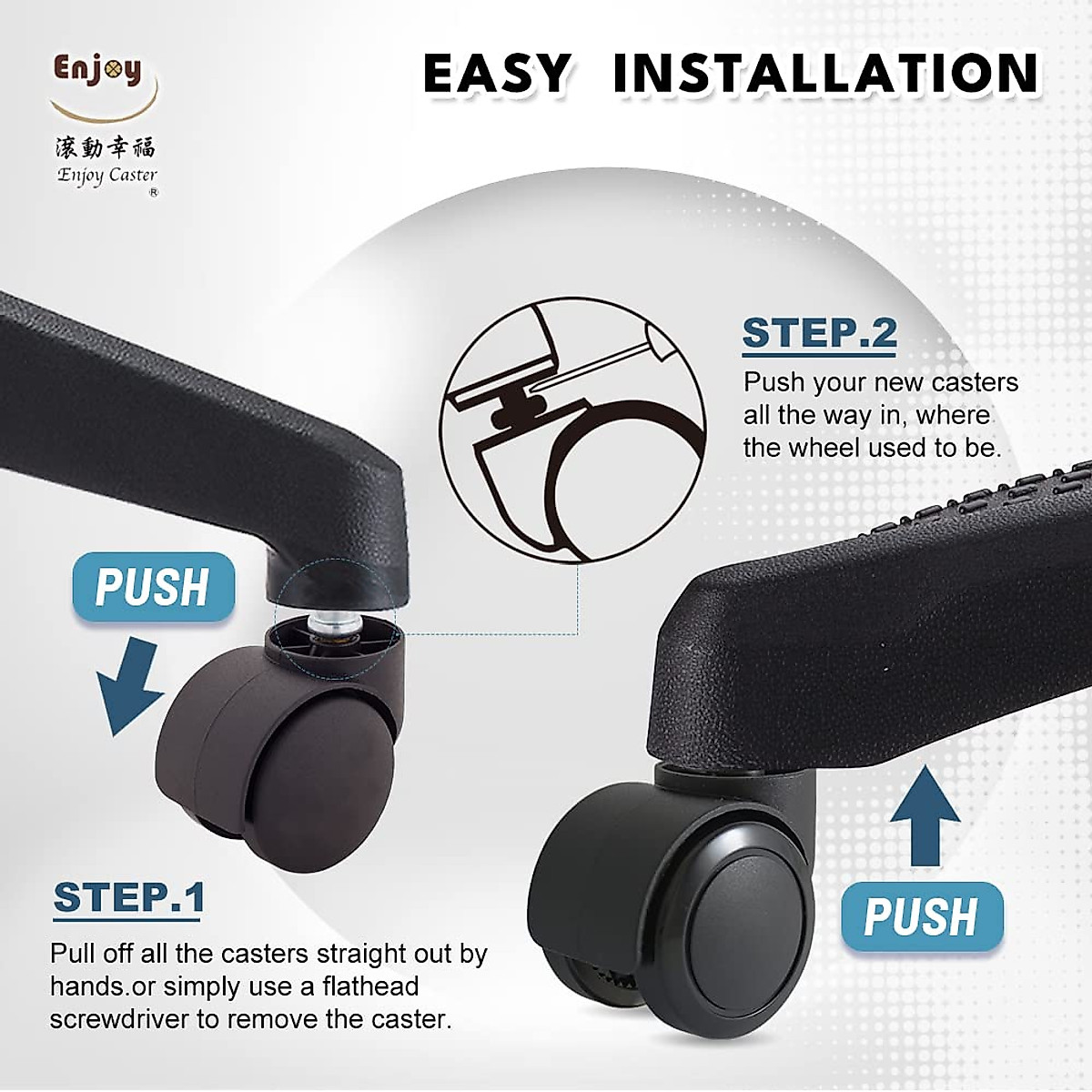 Enjoy Caster | 3 Inch Office Chair Casters for Herman Miller Aeron Chair | Dual Injection Polyurethane Wheels for Hardwood Floors | Universal Stem Size 7/16" Office Chairs (7506BUB-16)