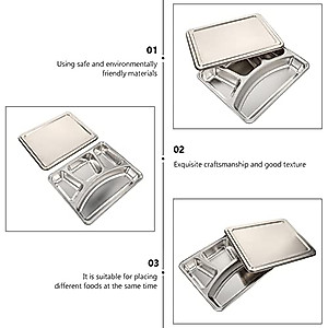 DOITOOL Feeding Serving Tray Stainless Steel Divided Dinner Plate: 4 Compartment Portion Control Plate with Lid Diet Dish Serving Platter Luncheon Plate for Kitchen Fruit Plate