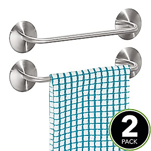 mDesign Decorative Metal Small Towel Bar - Strong Self Adhesive - Storage and Display Rack for Hand, Dish, and Tea Towels - Stick to Wall, Cabinet, Door, Mirror in Kitchen, Bathroom - 2 Pack - Brushed