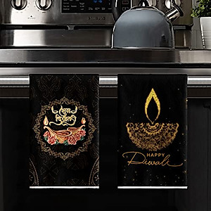 Artoid Mode Marigold Flower Happy Diwali Kitchen Towels Dish Towels, 18x26 Inch Seasonal Indian Festival of Light Decor Hand Towels Set of 2