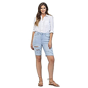 Judy Blue Women's High-Rise Destroyed Cutoff Bermuda Shorts (Light Blue, Large)