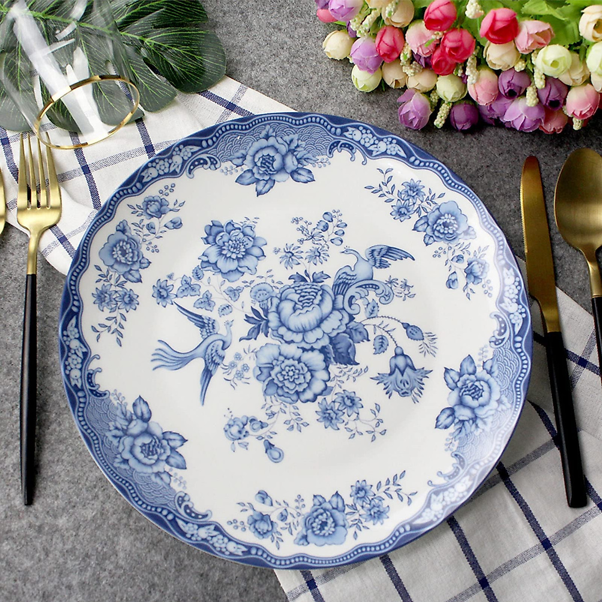 GagalU Porcelain Plate and Bowl Set,Blue and White Porcelain Wedding Dishes Ceramic Gold Plates Bone China Dinnerware Set Christmas Serving Dishes Set Dessert Ceramic Plate Dinner Diashes