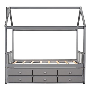 TARTOP Twin Size House Bed with Trundle and 3 Storage Drawers, Twin Captain's Beds Wooden Storage Daybed Frame for Kids Teens Boys Girls,Gray