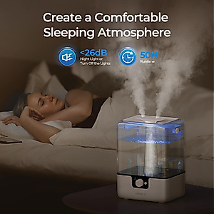 6L Humidifiers for Bedroom Large Room Home, CHIVALZ Cool Mist Top Fill Humidifiers for Baby Nursery and Plants, 26dB Quiet, Nightlight, Up to 50 Hours, Oil Diffuser 1 Pack + 2 Mist Outlets White