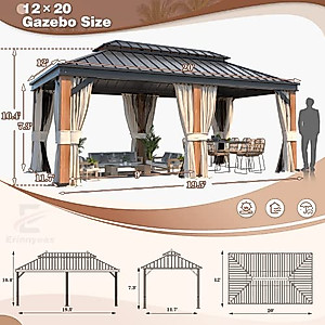 YOLENY 12' x 20' Ultra-thick Columns and Beams Hardtop Gazebo with Faux Wood Grain Aluminum Frame, Vertical Stripe Galvanized Steel Double Roof, Outdoor Patio Gazebo Pergolas with Netting and Curtains