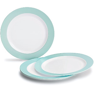 " OCCASIONS " 50 Plates Pack (25 Guests)-Wedding Party Disposable Plastic Plate Set -25x10.5'' Dinner + 25x7.5'' Salad/dessert plates (Rio, White & Pearled Turquoise Blue)